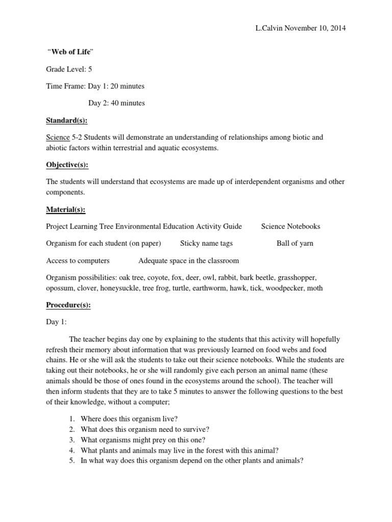 Web of Life Lesson Plan | PDF | Food Web | Ecosystem