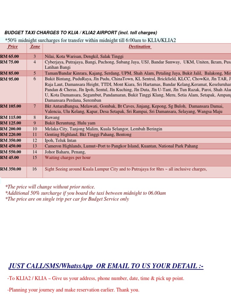 Budget Taxi Rates to KLIA/KLIA2 | PDF