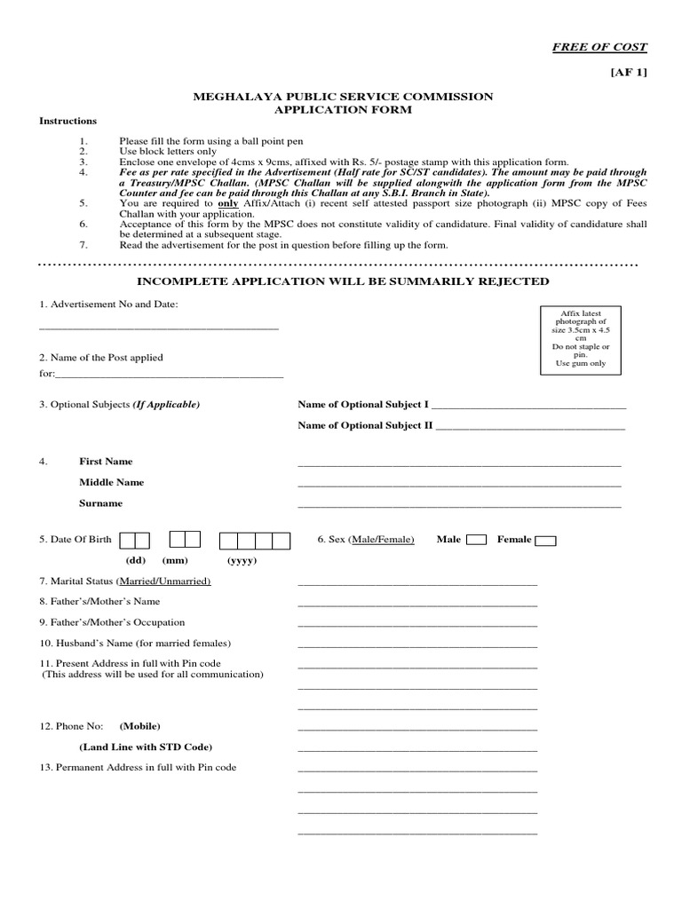 (AF 1) Meghalaya Public Service Commission Application Form: Free of ...