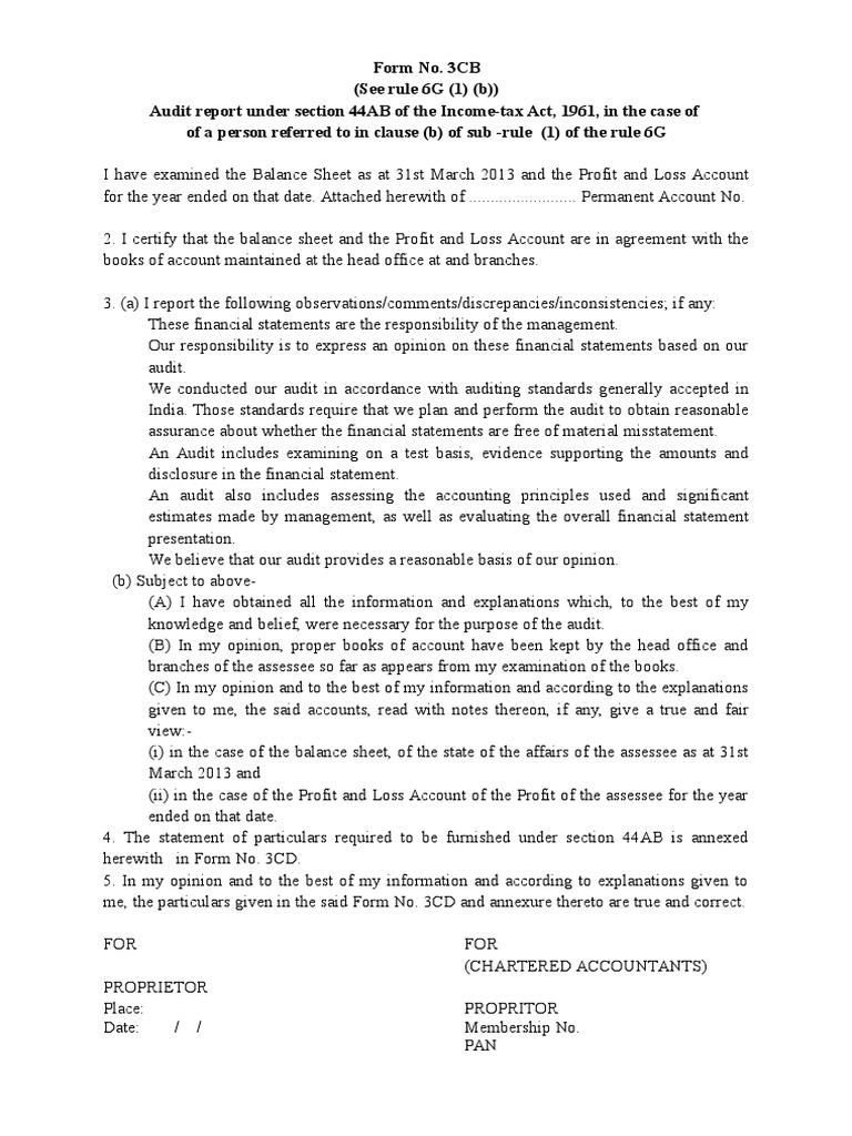 Form No. 3CB (See Rule 6G (1) (B) ) Audit Report Under Section 44AB of ...