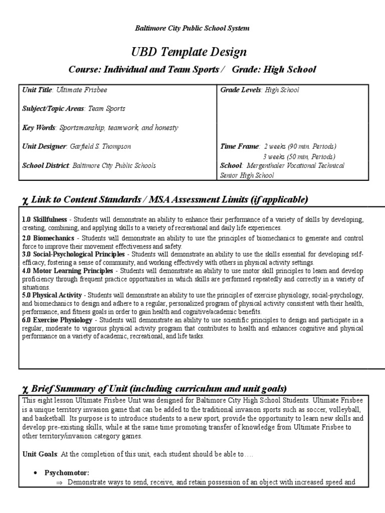 Ultimate Frisbee Unit (1) Revised | PDF | Educational Assessment ...