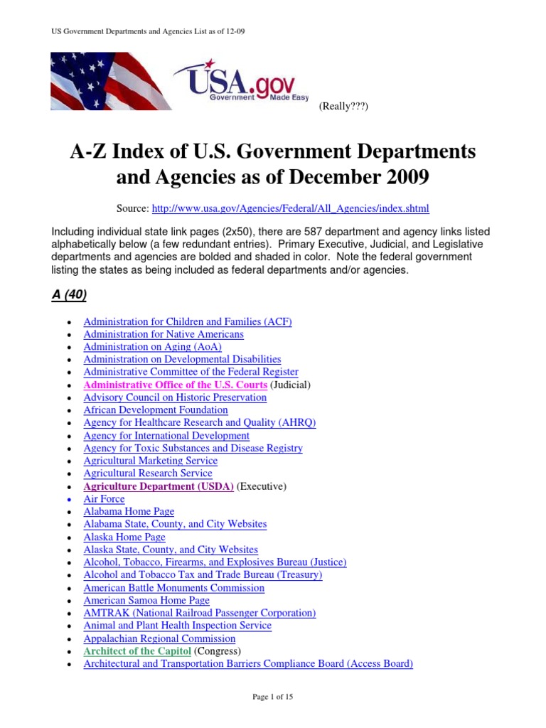 US Government Departments and Agencies As of 12-09 | PDF | United ...
