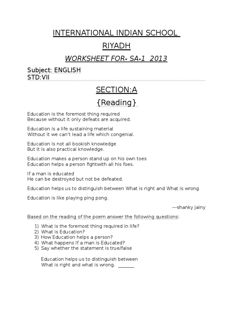International Indian School Riyadh: Worksheet For-Sa-1 2013 | PDF
