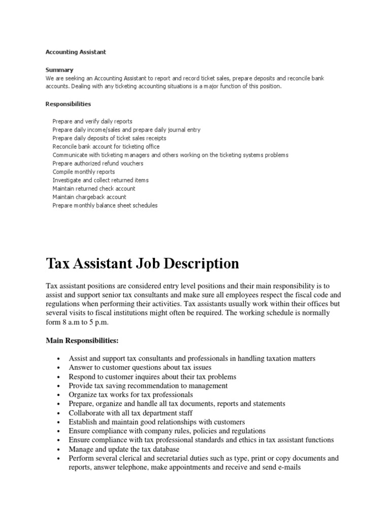 Tax Assistant Job Duties | PDF | Taxes | Accounting