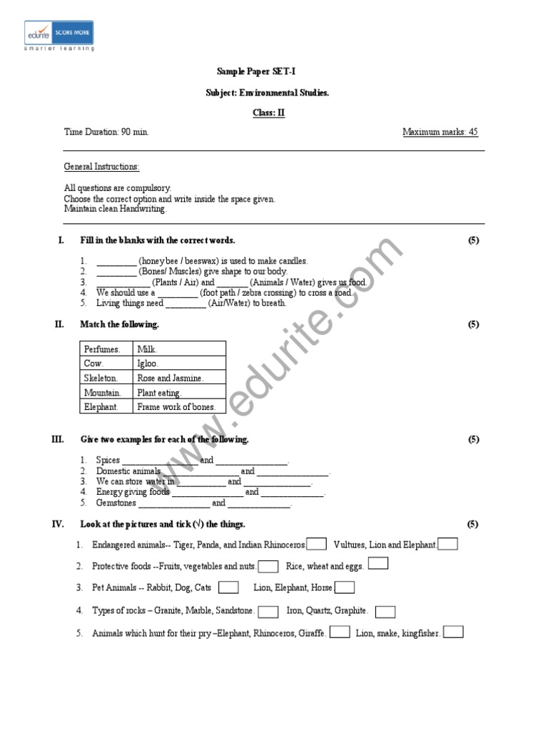 Class 2 EVS Sample Question Paper | PDF | Organisms | Nature