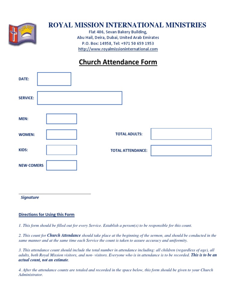 Church Attendance Form: Royal Mission International Ministries | PDF ...