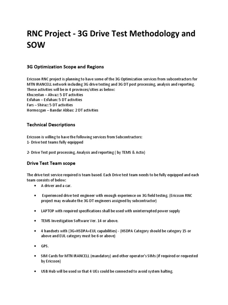 Drive Test Methodology & SOW - 3G | PDF | High Speed Packet Access | 3 G