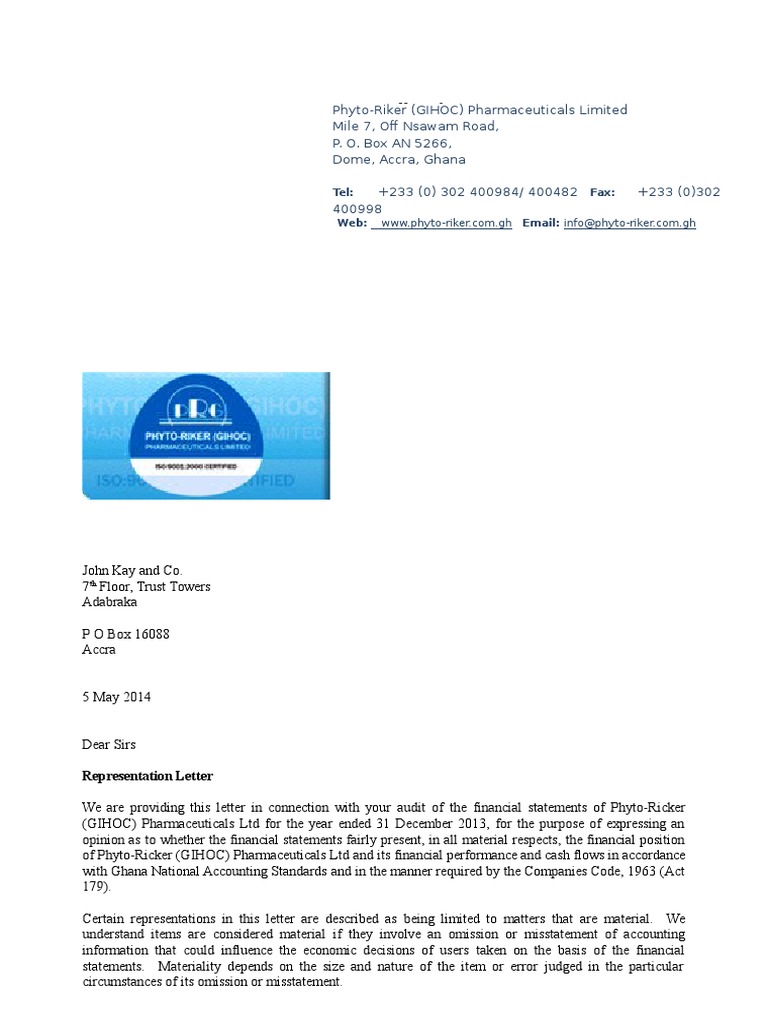 Representation Letter for Phyto-Riker Audit | PDF | Deferred Tax ...
