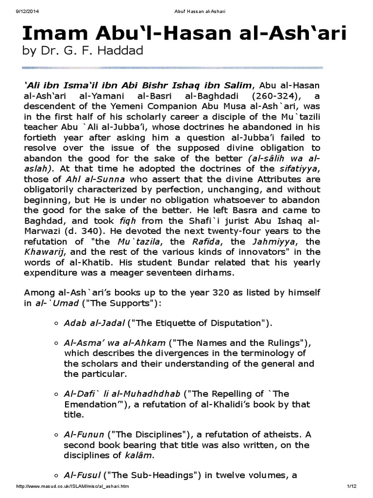 Imam Abu Hasan Al-Ashari - G.F. Haddad | PDF | Sunni Islam | Abrahamic ...