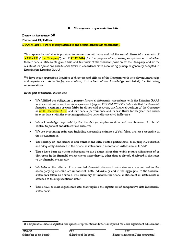 Example Representation Letter ESTGAAP | PDF | Financial Statement | Fraud