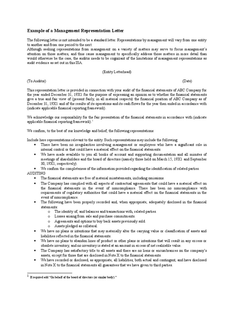Example of A Management Representation Letter: If Required Add "On ...