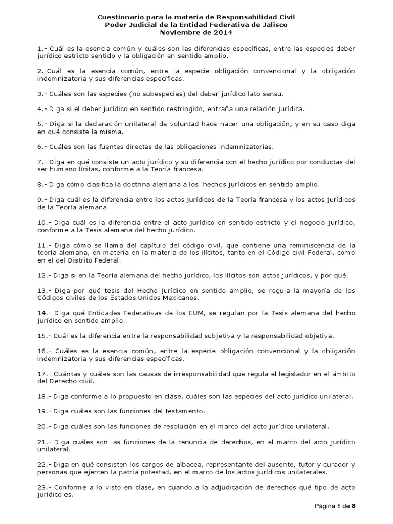 Cuestionario de Obliga y Responsa Civil JALISCO | PDF | Pagos | Ley común