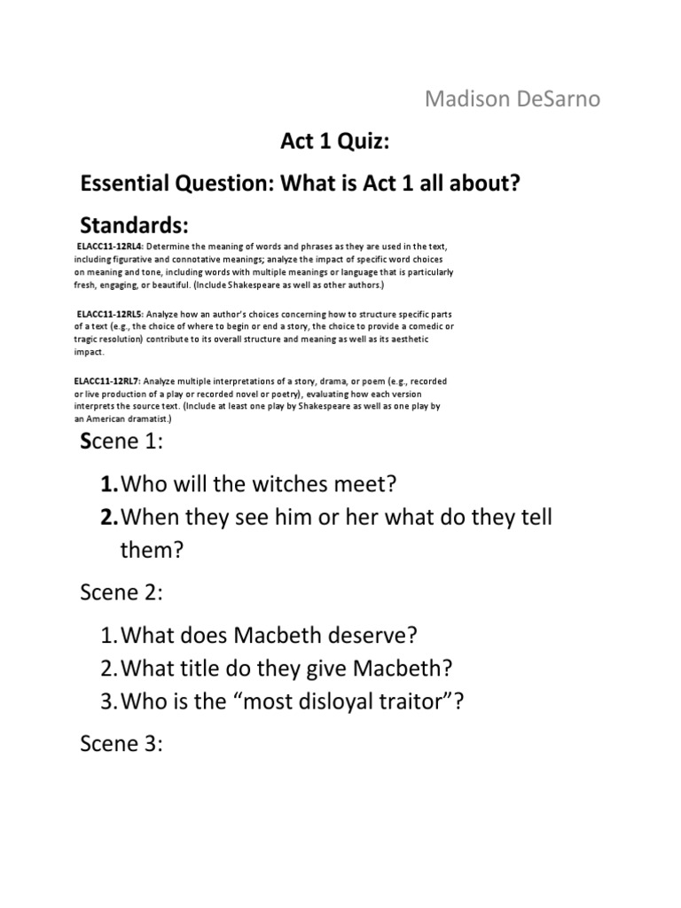Macbeth Act 1 Quiz Overview | PDF | Classics | General Fiction