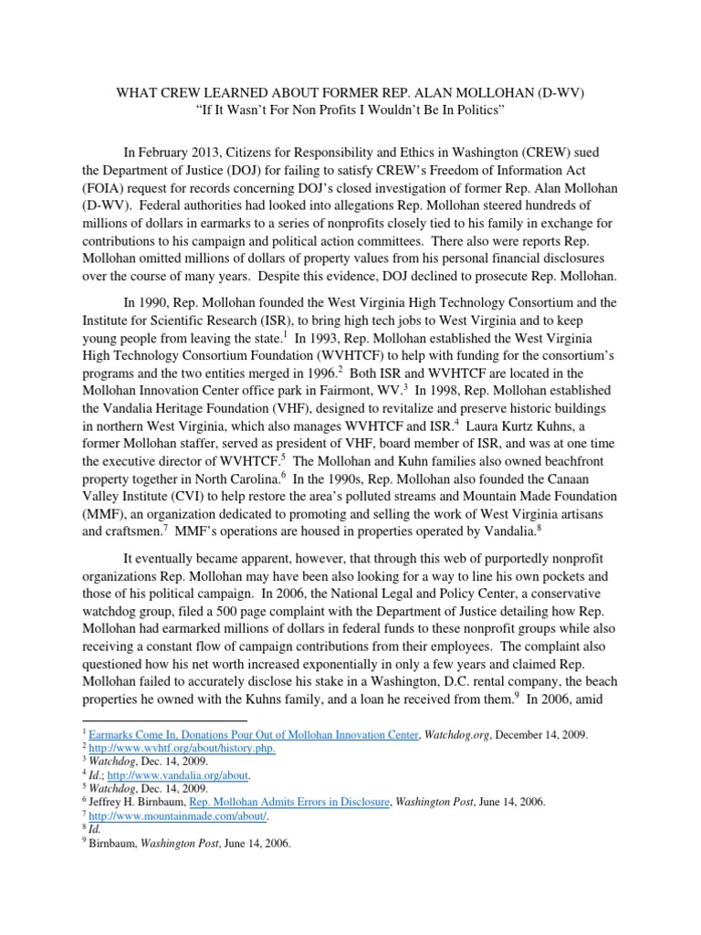 What CREW Learned About Alan Mollohan | PDF | Freedom Of Information ...