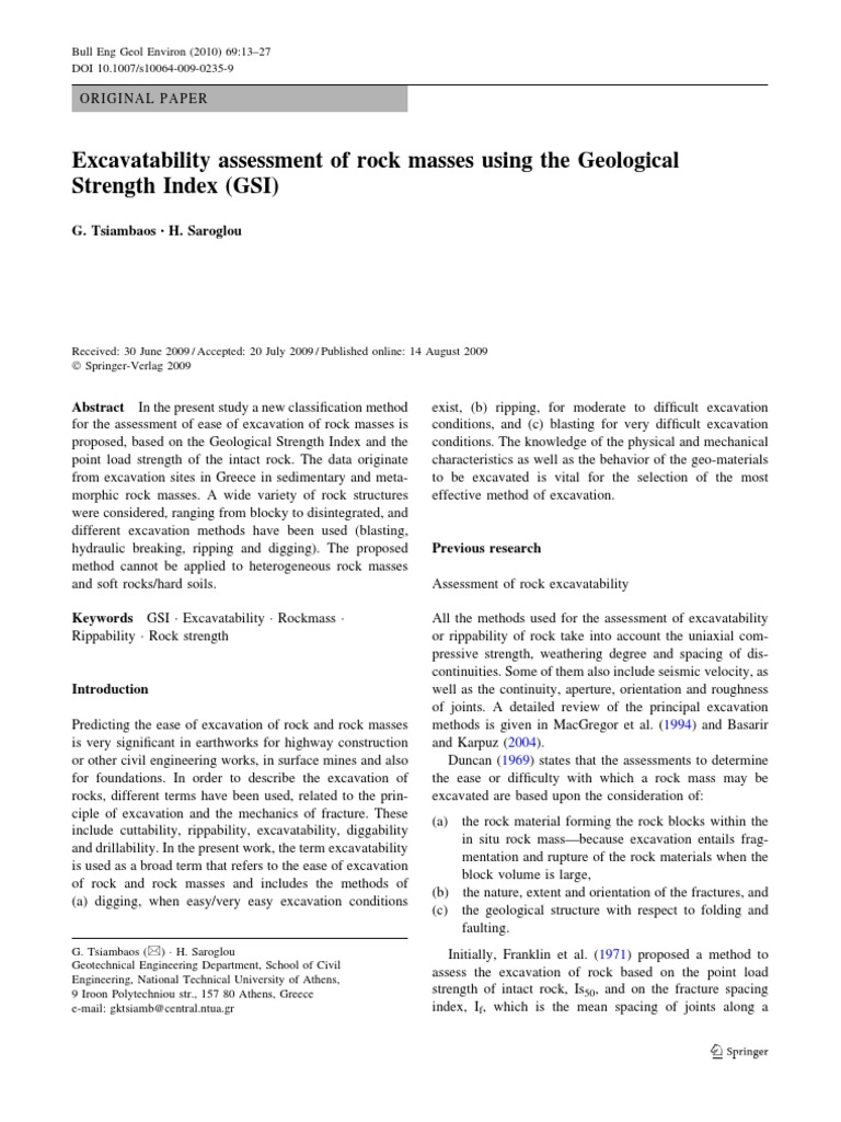 Excavatability Assessment of Rock Masses Using the Geological Strength ...