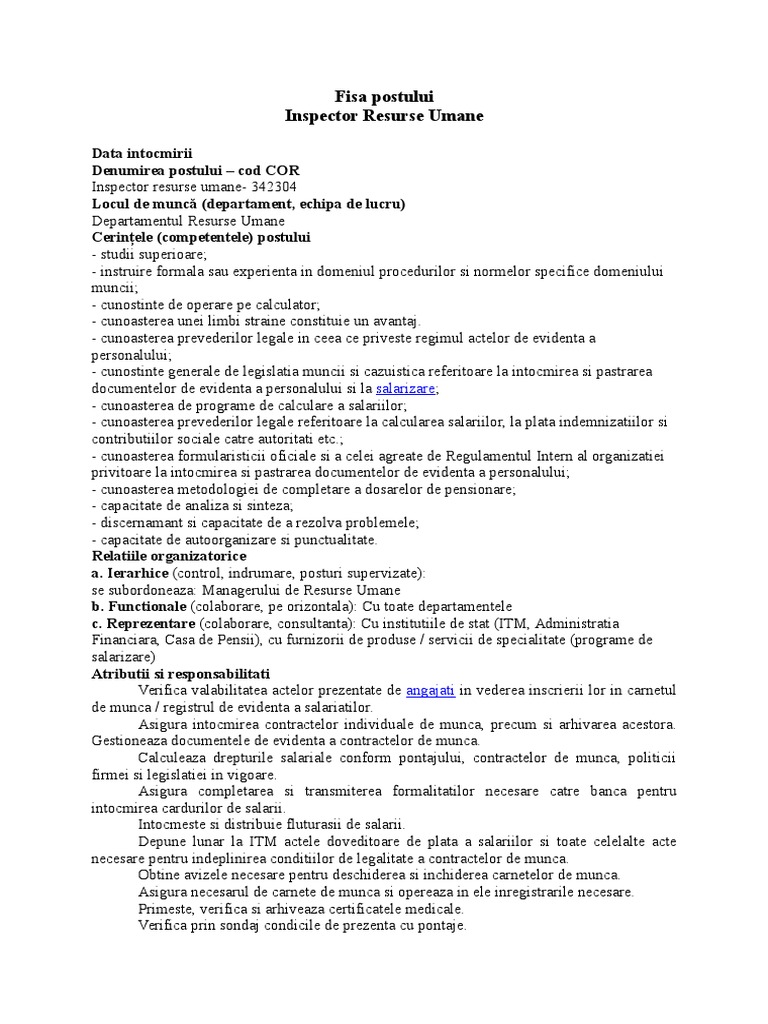 Fisa Postului - Inspect Resurse Umane | PDF