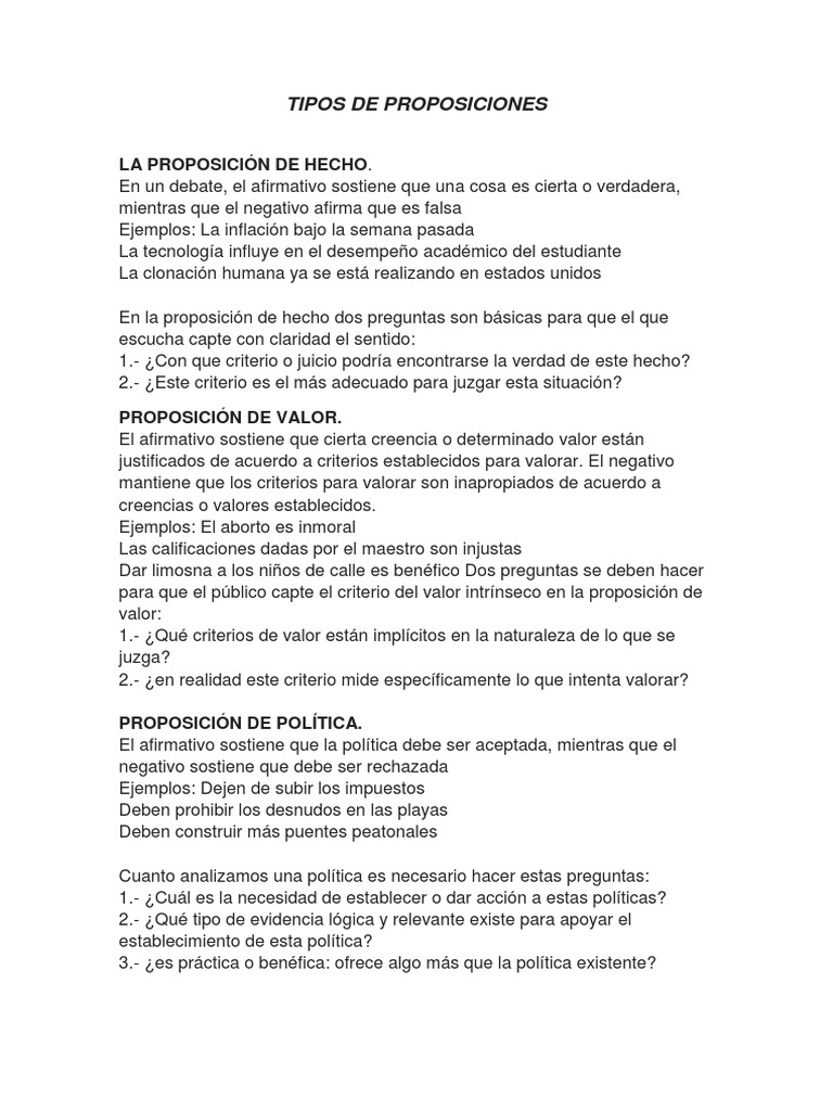 Tipos de Proposiciones | PDF | Movimiento (física) | Proposición