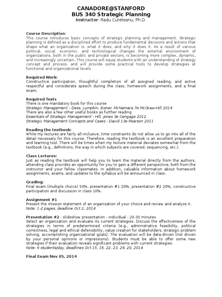 BUS 340 Strategic Planning Syllabus Canadore@Stanford | PDF | Strategic ...