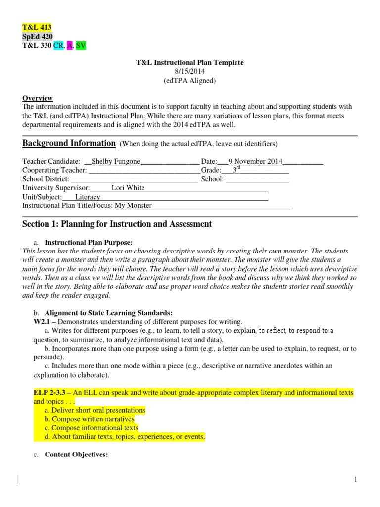 edTPA Aligned Literacy Lesson Plan | PDF | Narrative | Lesson Plan