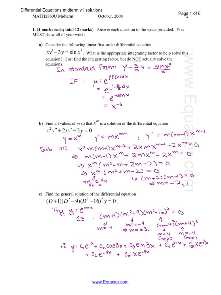 Differential Equations Midterm 1 v1 Solutions | PDF | Differential Equations | Ordinary ...