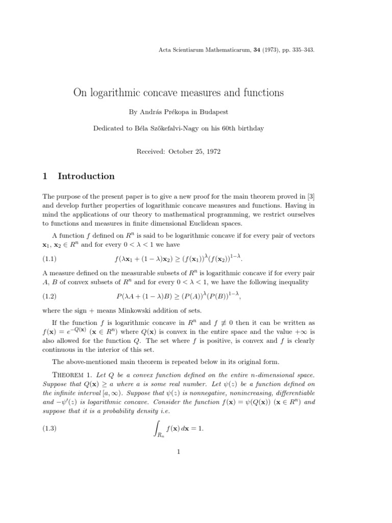 Prékopa - 1973 - On Logarithmic Concave Measures and Functions | PDF ...
