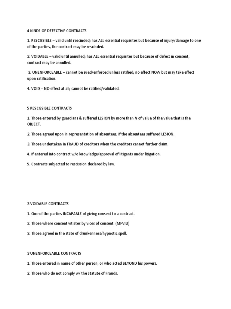 4 Kinds of Defective Contracts | PDF | Annulment | Law Of Obligations