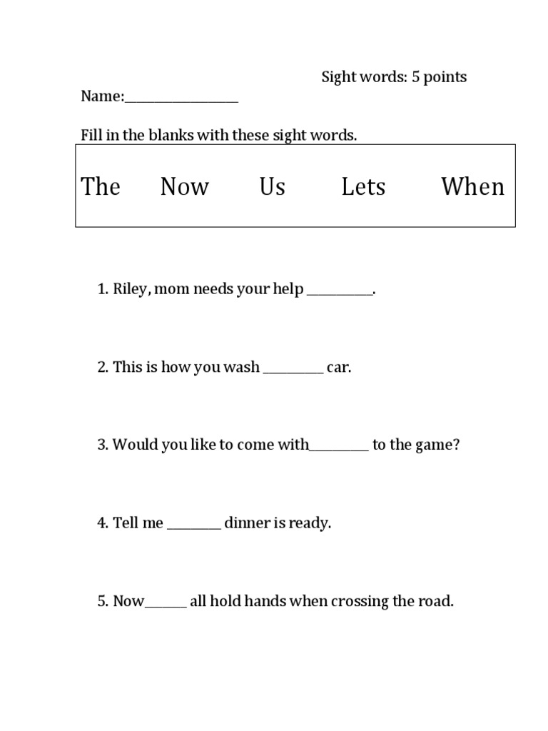 Sight Words Fill-in-the-Blanks Worksheet | PDF