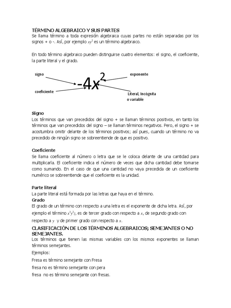 Partes de un Término Algebraico | PDF | Álgebra abstracta | Análisis ...
