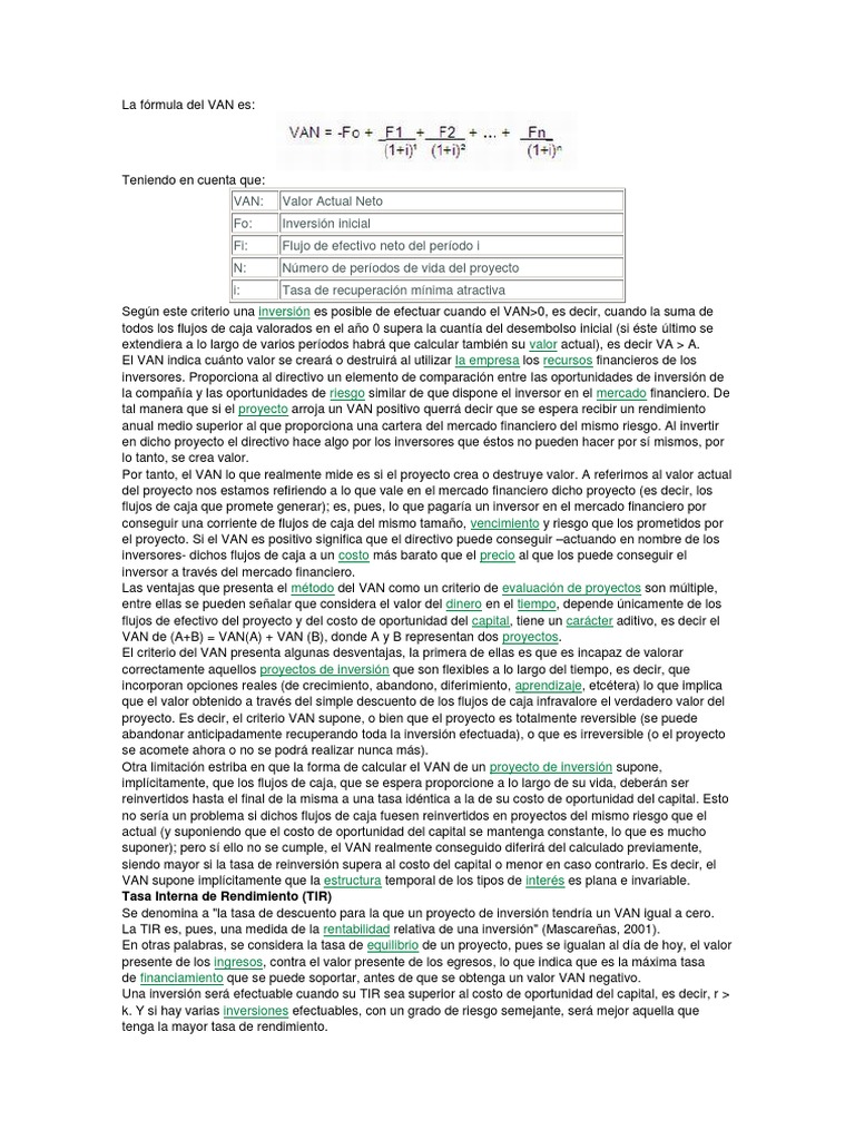 La Fórmula Del VAN Es | PDF | Valor presente neto | Apalancamiento ...