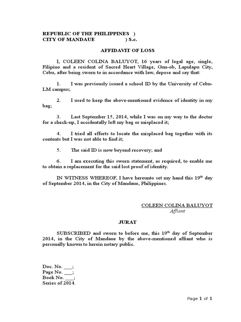 Affidavit of Loss (School ID) | PDF