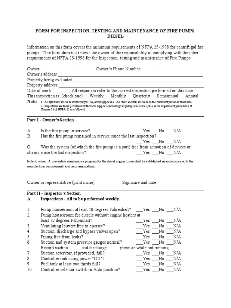 Diesel Inspection Testing Form | PDF | Pump | Battery (Electricity)