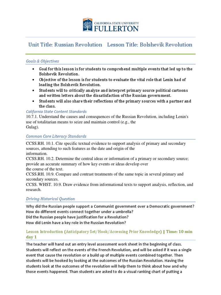 Russian Rev Lesson Plan 3 | PDF | Bolsheviks | Educational Assessment
