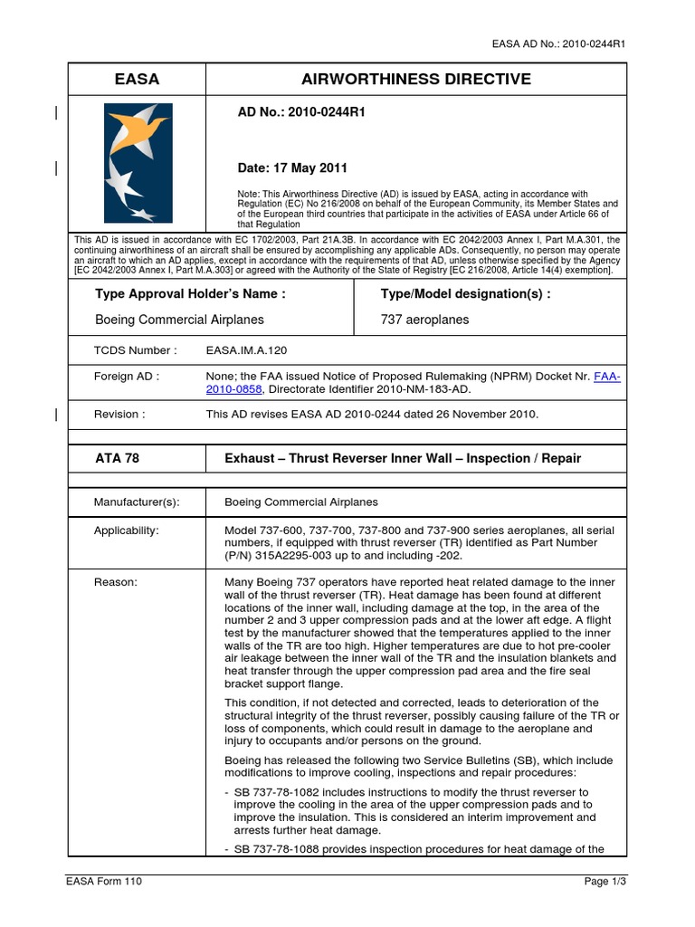 Easa Airworthiness Directive: AD No.: 2010-0244R1 | PDF | Aviation ...