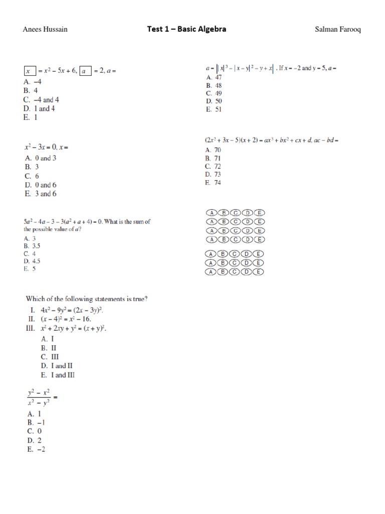 Basic Algebra Test by Anees Hussain | PDF