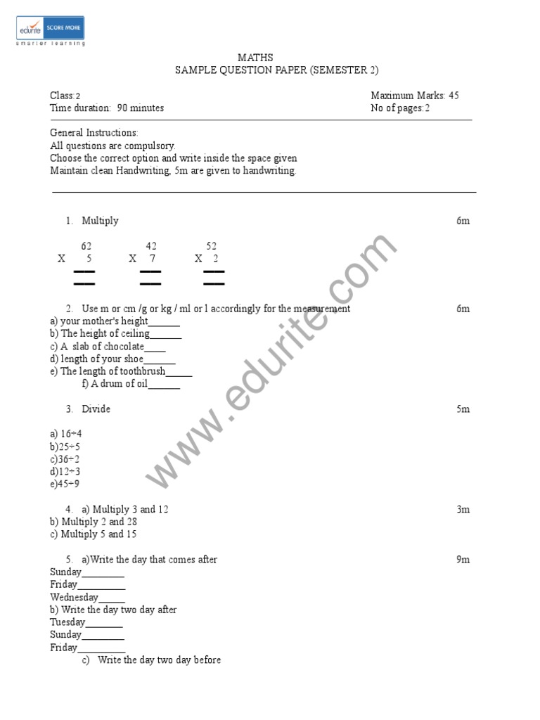 Class 2 ICSE Maths Sample Paper Term 2 Model 2 | PDF | Teaching Mathematics