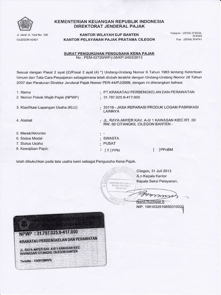 SPPKP & NPWP Pt. KPDP | PDF
