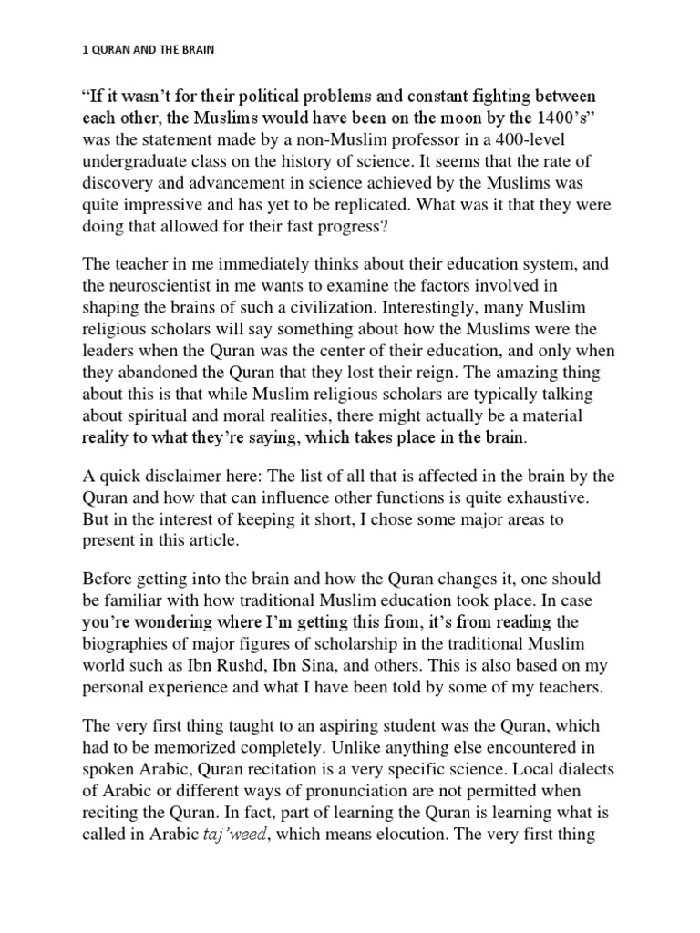Quran and The Brain | PDF | Quran | Islam
