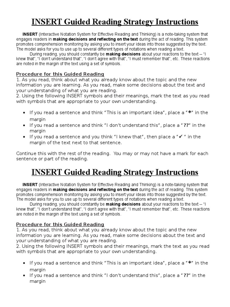 INSERT Guided Reading Strategy Guide | PDF | Reading Comprehension ...