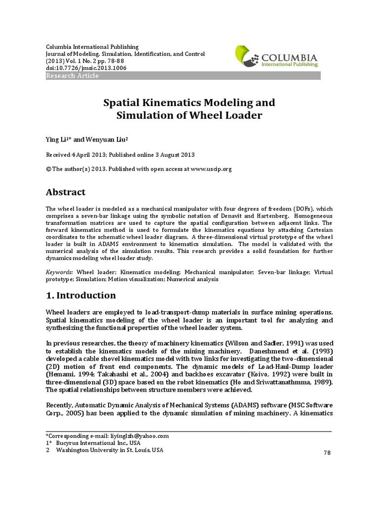 JMSIC - Spatial Kinematics Modeling and Simulation of Wheel Loader ...