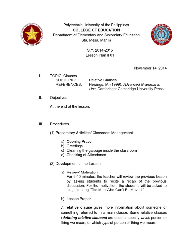 Lesson Plan in Relative | PDF | Pronoun | Subject (Grammar)