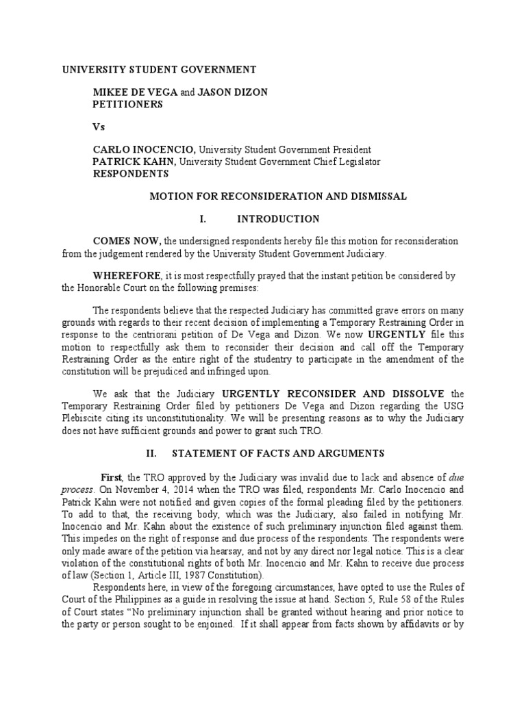 Motion For Reconsideration and Dismissal | PDF | Standing (Law) | Injunction