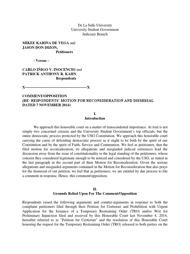 Comment On Motion For Reconsideration and Dismissal | PDF | Injunction | Standing (Law)