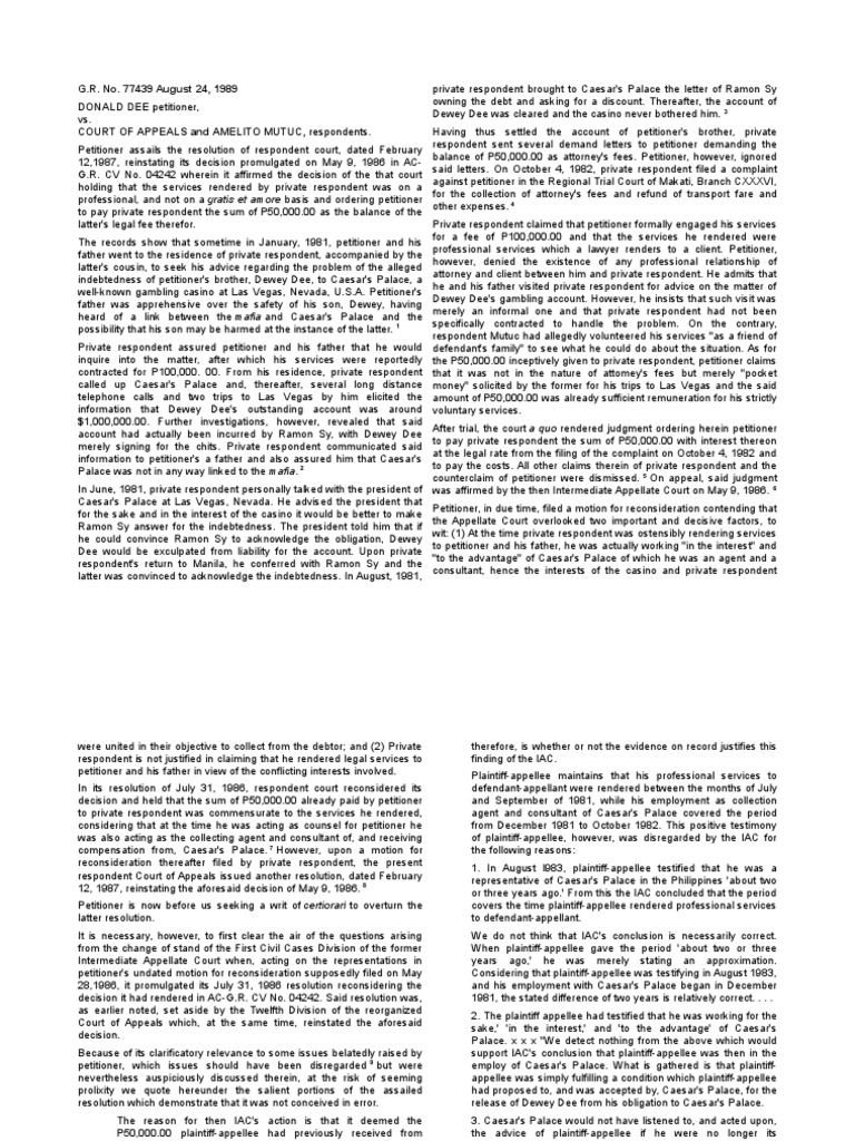 G.R. No. 77439 August 24, 1989 DONALD DEE Petitioner, COURT OF APPEALS ...
