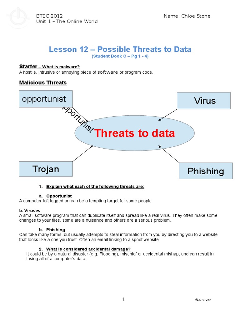Lesson 12 - Possible Threats To Data | PDF | Computer Virus | Threat ...