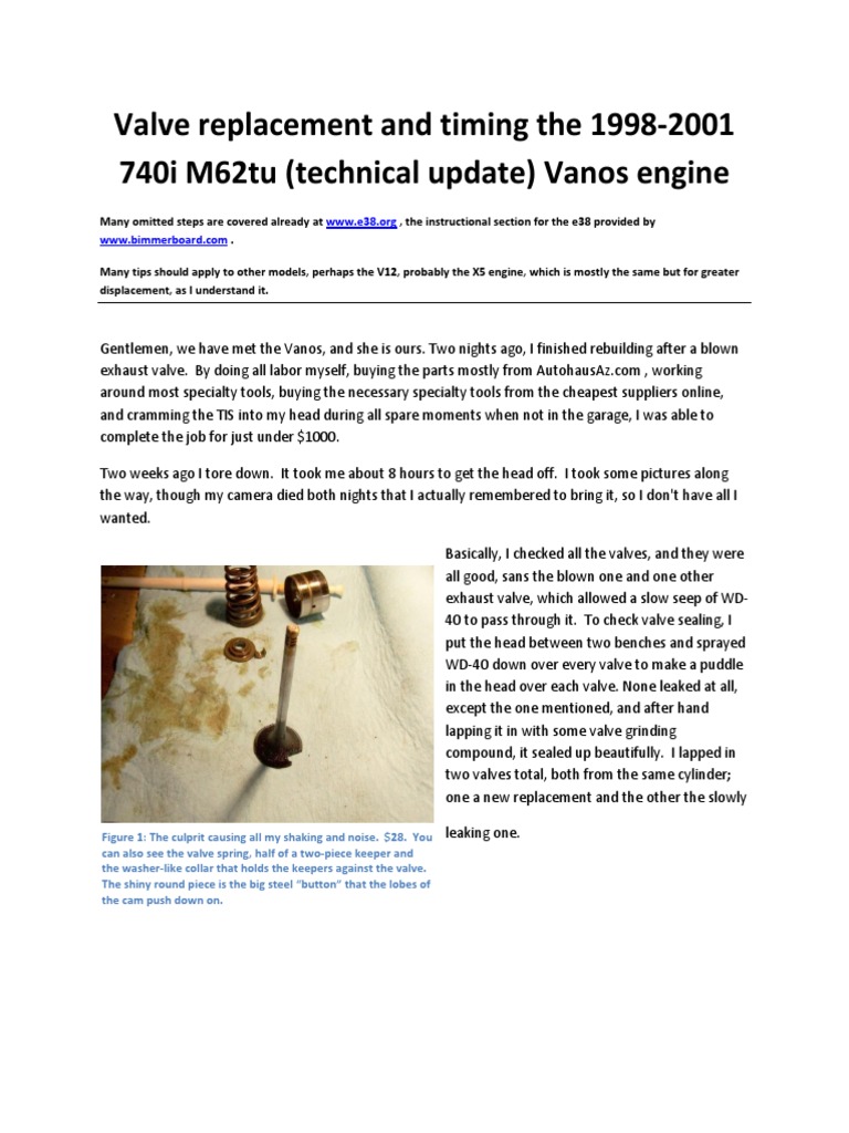 Valve Job and Timing The E38 Vanos Engine M62tu | PDF | Screw | Engines