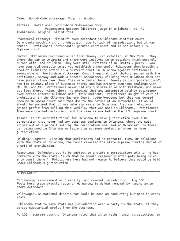World-Wide Volkswagen v. Woodson Case Summary | PDF | Lawsuit | Public Law