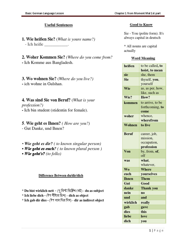 Basic German Language Lesson Chapter 1 From Moment Mal 1st Part | PDF ...