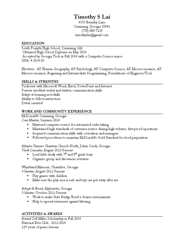 Timothy Lai's Resume and Skills Profile | PDF