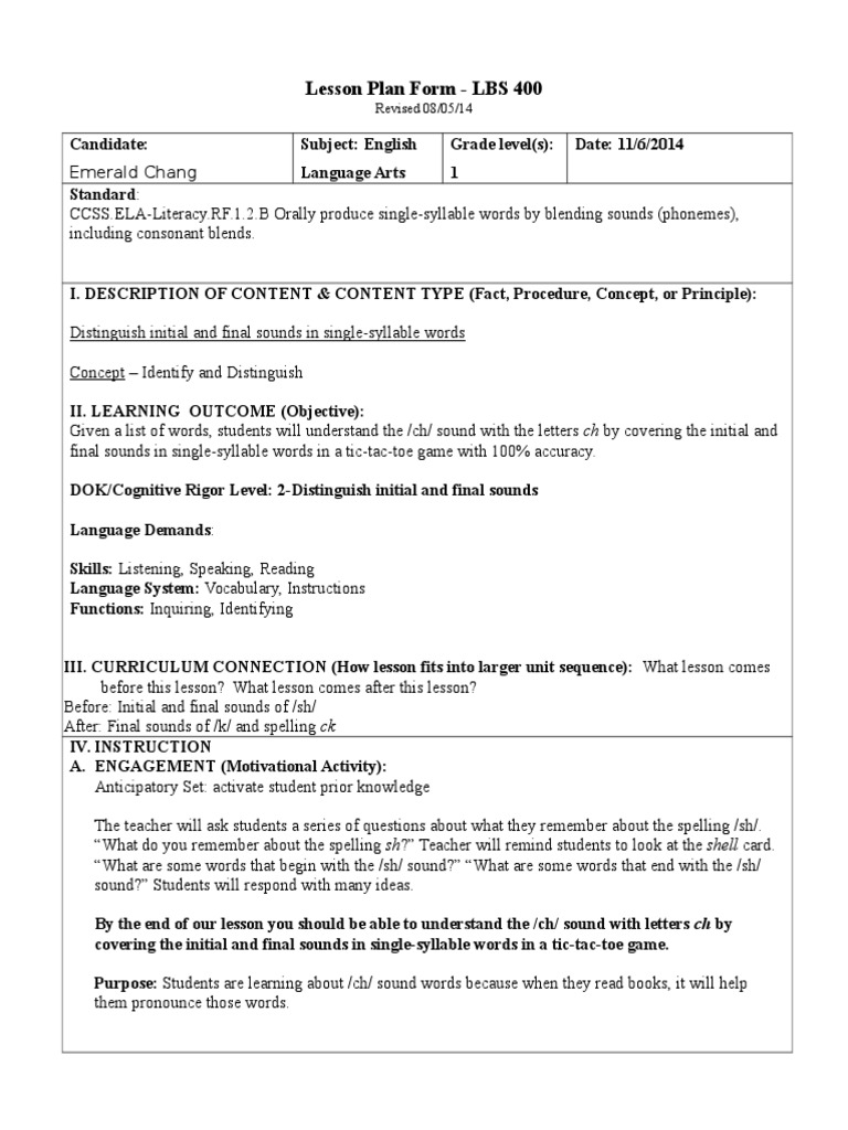 1st Grade Lesson Plan - Phonics Ch-Sound Macarthur Elem | PDF | Phonics ...