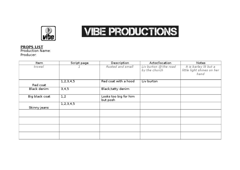 Props List for Production Details | PDF